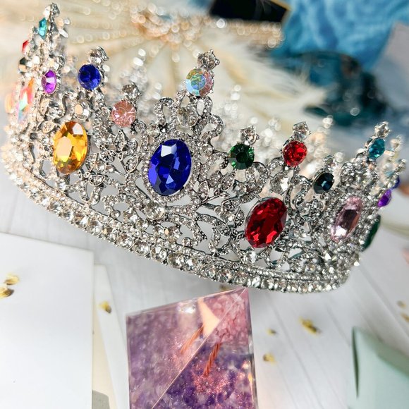 Handmade | Accessories | Rainbow Rhinestone Crown Silver Crown Wedding ...